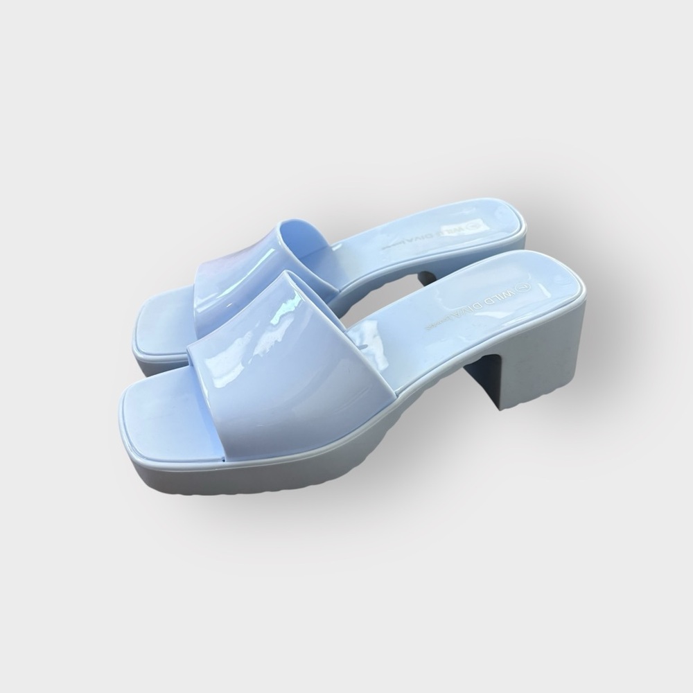 Wild Diva Baby Blue Mule Slide Block Heels, Square To… - Gem